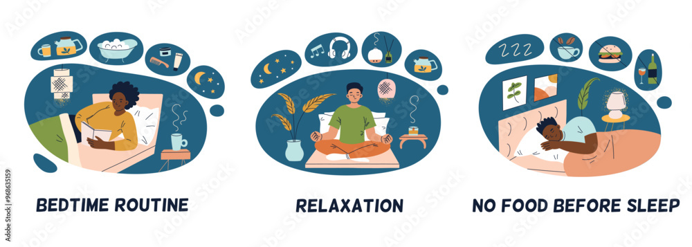 Vector illustration of three sleep habits, bedtime routine, relaxation ...