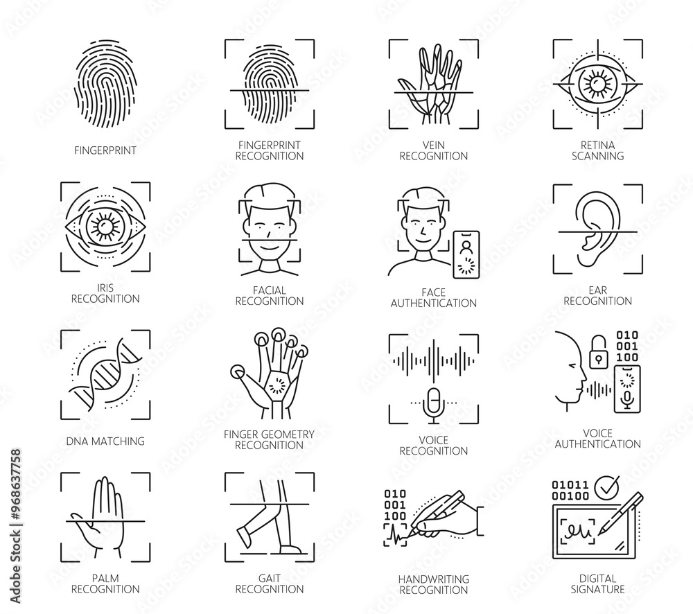 Biometric Identification Recognition And Verification Icons Of Fingerprint Line Vector Face
