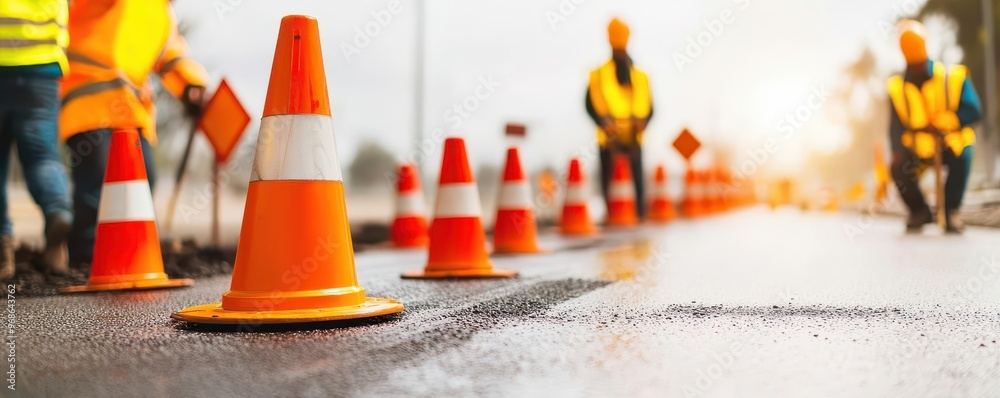 Roadwork scene with workers installing traffic cones, signs, and ...
