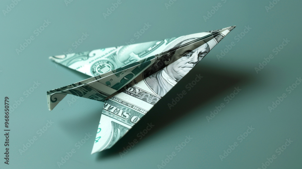 Paper airplane made from dollar bill, soaring symbolizing the transient ...