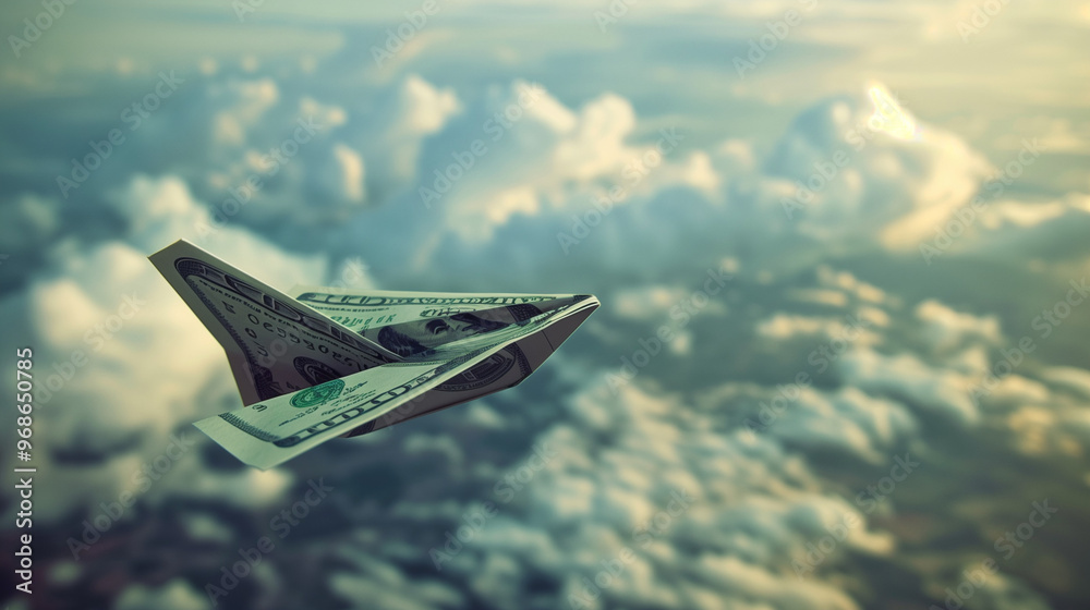 Paper airplane made from dollar bill, soaring symbolizing the transient ...