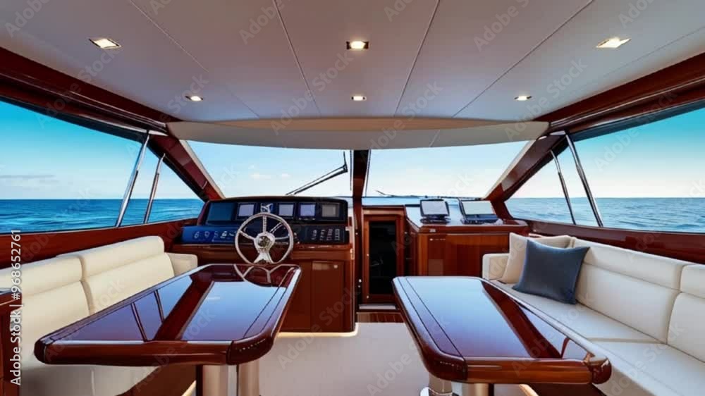 Stylish yacht interior featuring polished wood finishes, comfortable ...