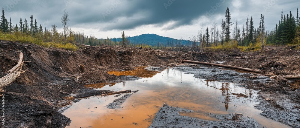 Environmental collapse from acid mine drainage showing polluted rivers ...