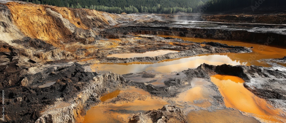 Environmental collapse from acid mine drainage showing polluted rivers ...