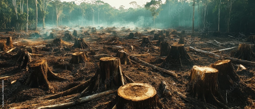 Devastated rainforest with large sections of trees cut down and exposed stumps, illustrating the ...