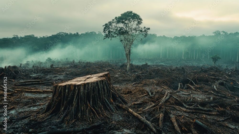 Logging process in a once dense forest now stripped of trees ...
