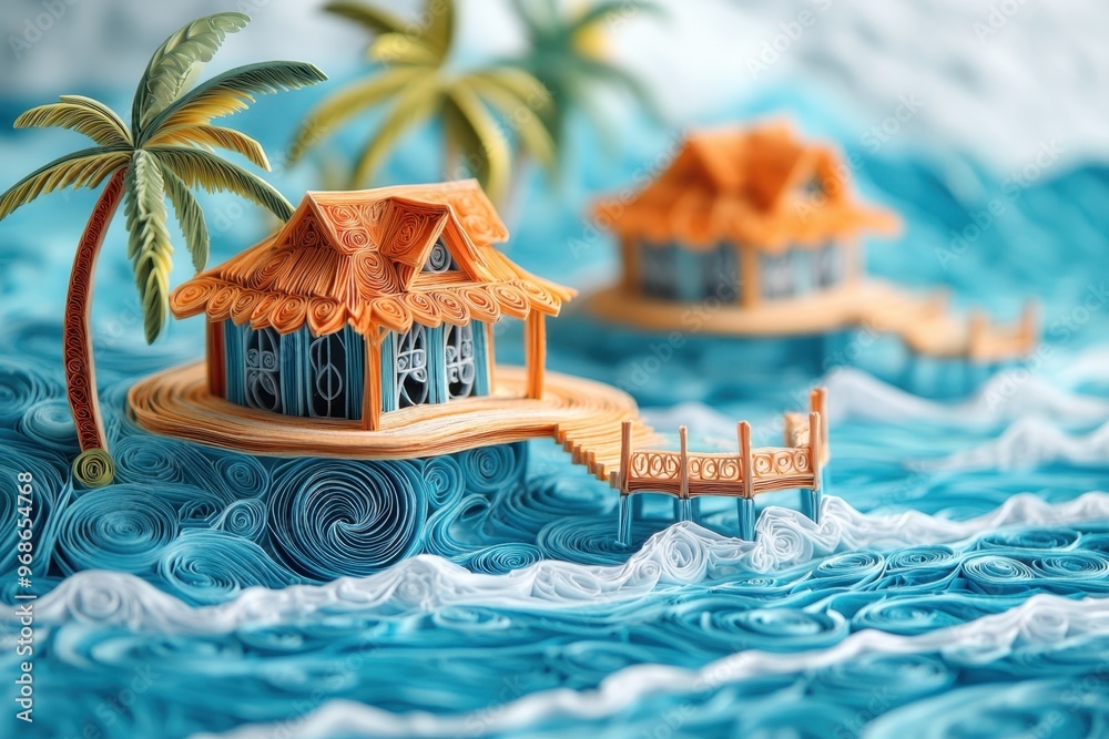 Intricate Quilled Paper Filigree Private Island Resort with Overwater ...