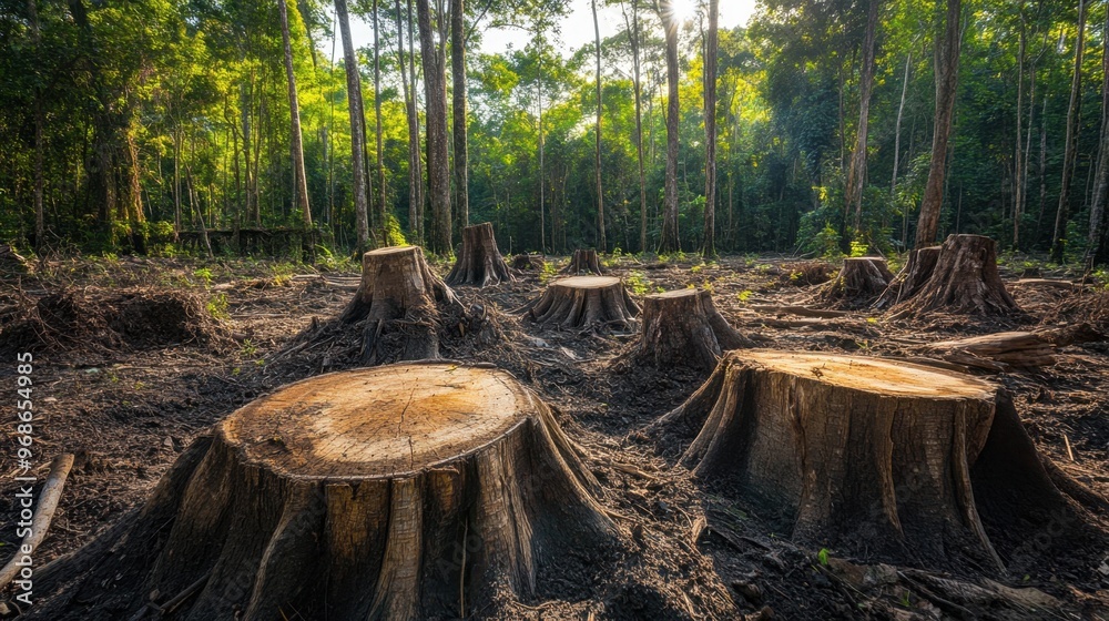 Forest area with tree stumps and cleared ground from deforestation ...