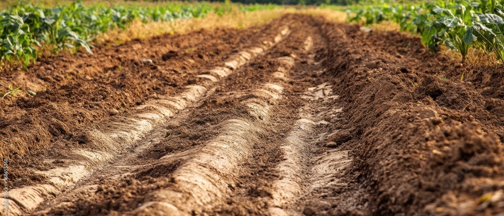 Deteriorated agricultural field with erosion scars and low crop yield ...