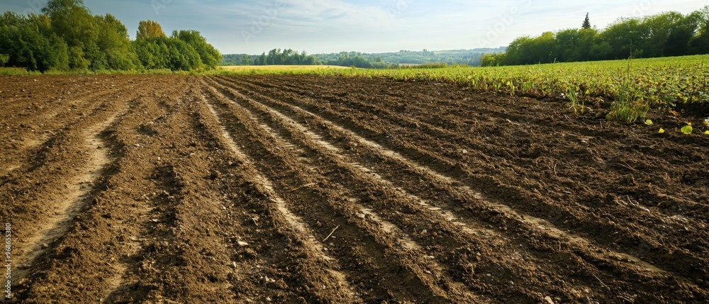 Deteriorated agricultural field with erosion scars and low crop yield ...