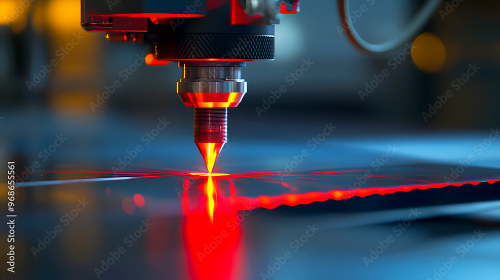 bright red laser cutting through a thick steel plate, the molten edges ...