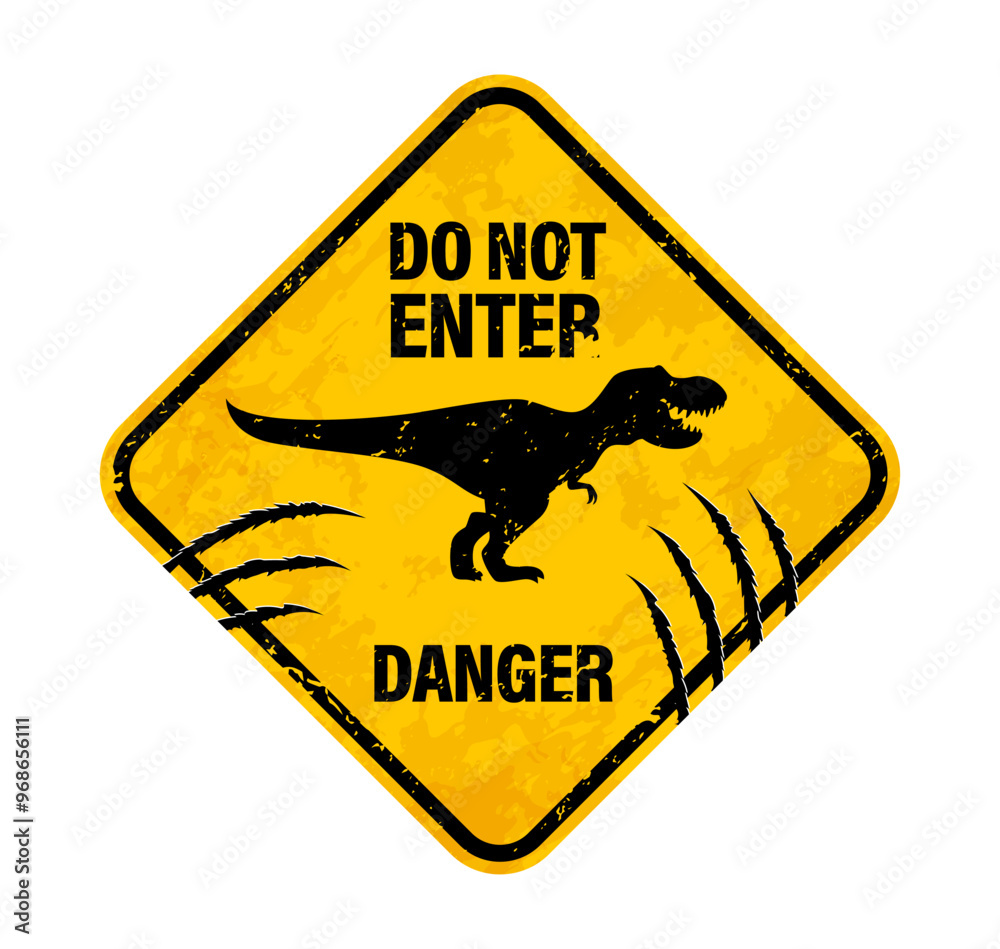 Poster T Rex dinosaur warning sign with claw scratch marks, danger zone ...