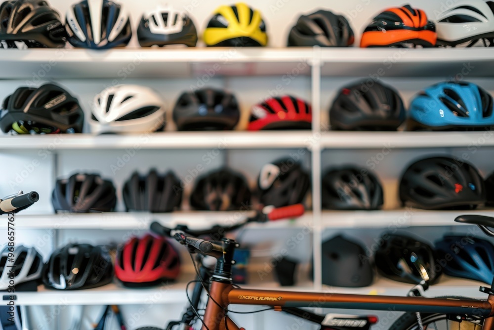 Shelves of a bicycle shop with spare parts for different types of ...