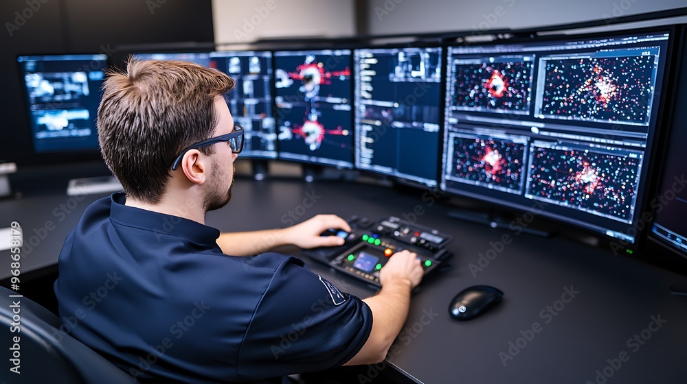 Control room for a space debris cleanup operation, managing a fleet of ...