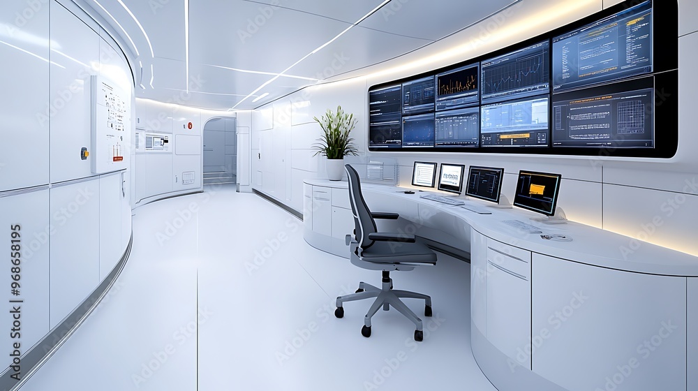 Control room for a space debris cleanup operation, managing a fleet of ...