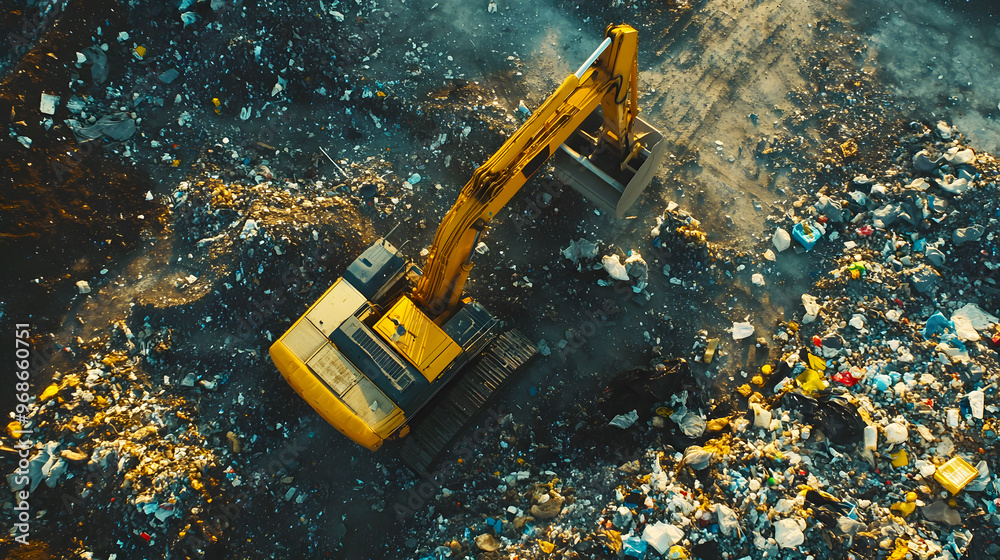 bucket filled with landfill debris, lifting and dumping waste as it ...