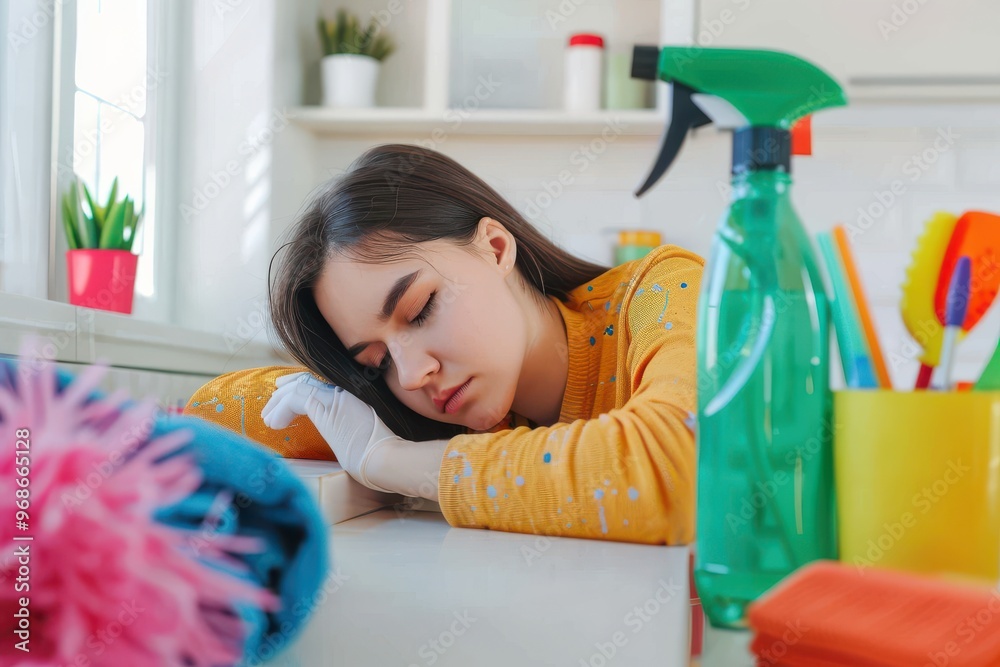Tired overworked housewife suffering from cleaning fatigue. Resting ...