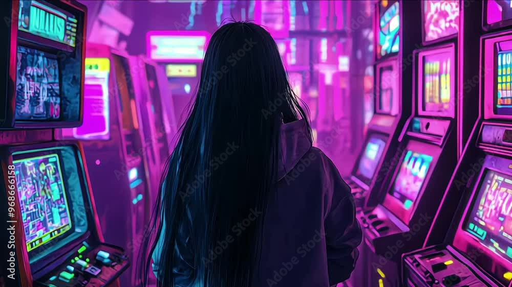 Girl playing arcade machine with neon lights, Back view of girl playing ...