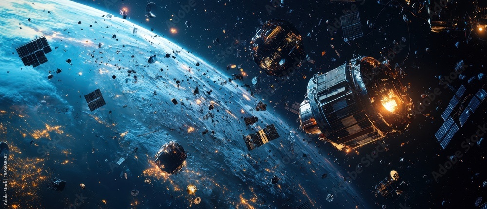 A futuristic depiction of space junk from various satellites scattered ...