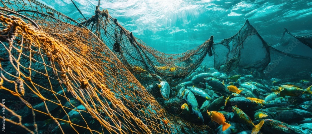 Overfishing crisis illustrated with empty fish nets and depleted waters ...