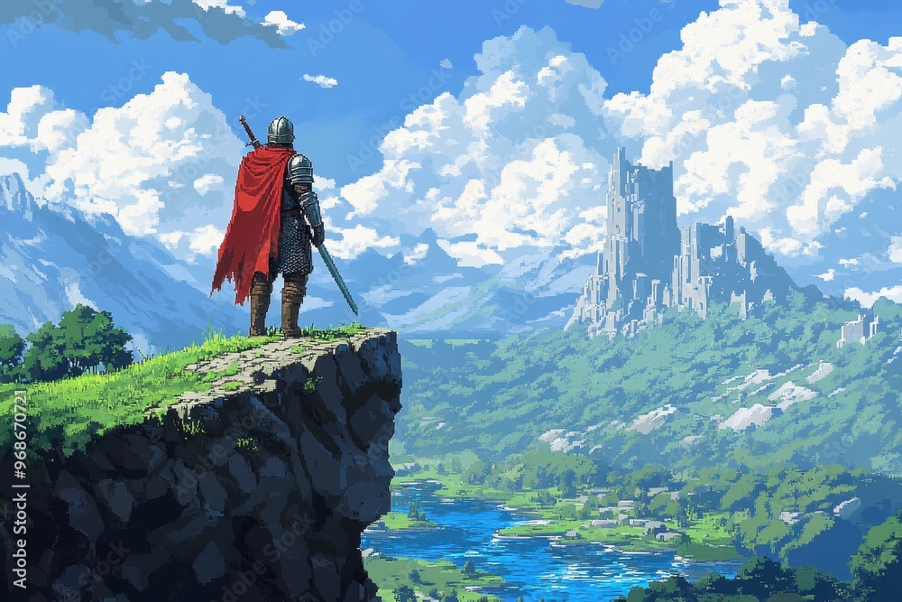 Pixel Knight's Retro RPG Adventure: Overlooking 8-bit Landscape on ...