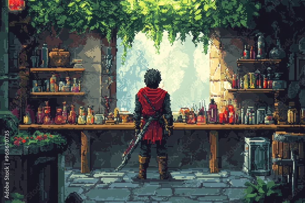 Retro 8-Bit Pixel Character Shopping for Weapons in RPG Market ...