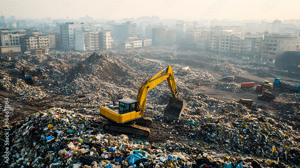 bustling city landfill with an excavator at the forefront, working ...