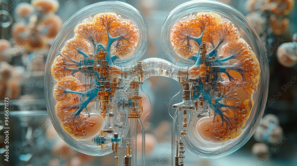 Realistic representation of colorful human kidneys left and right. Each ...