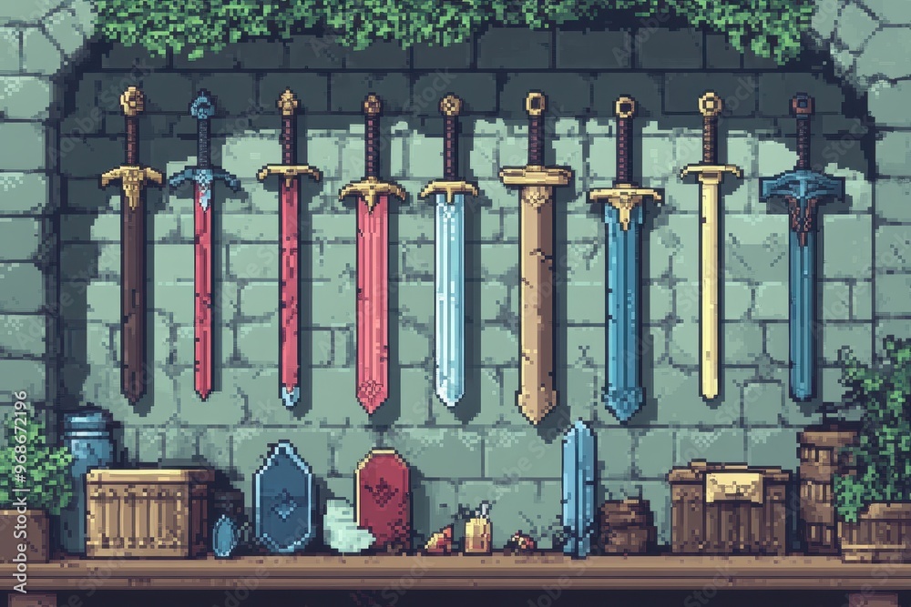 Retro Pixel Art Inventory Featuring Swords, Shields, and Potions for 16 ...