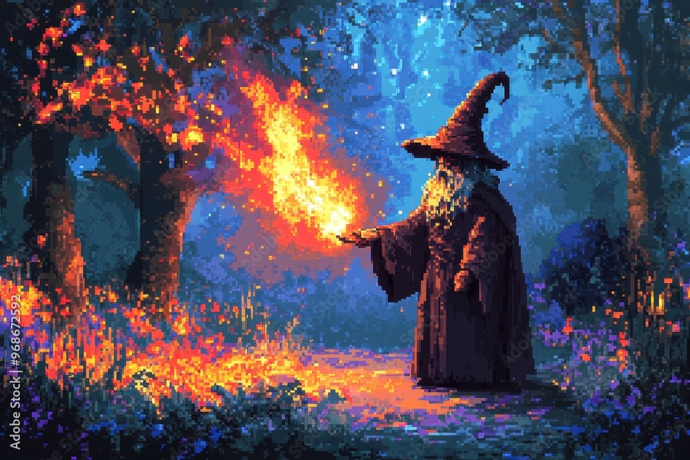 Pixel Wizard Casting Fire Spell in Enchanted Forest - Retro 16-bit RPG ...
