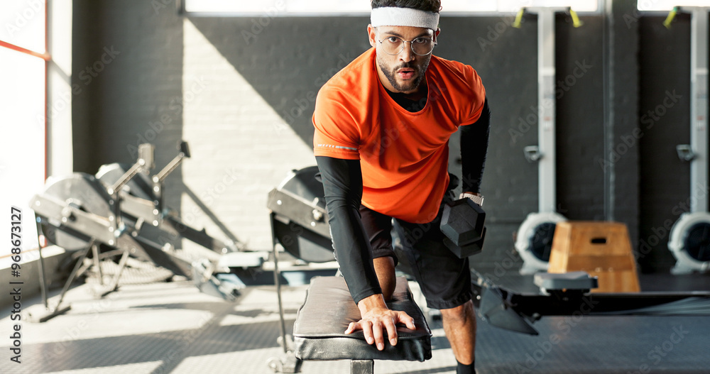 Man, dumbbell row and gym with workout for fitness, training and muscle ...