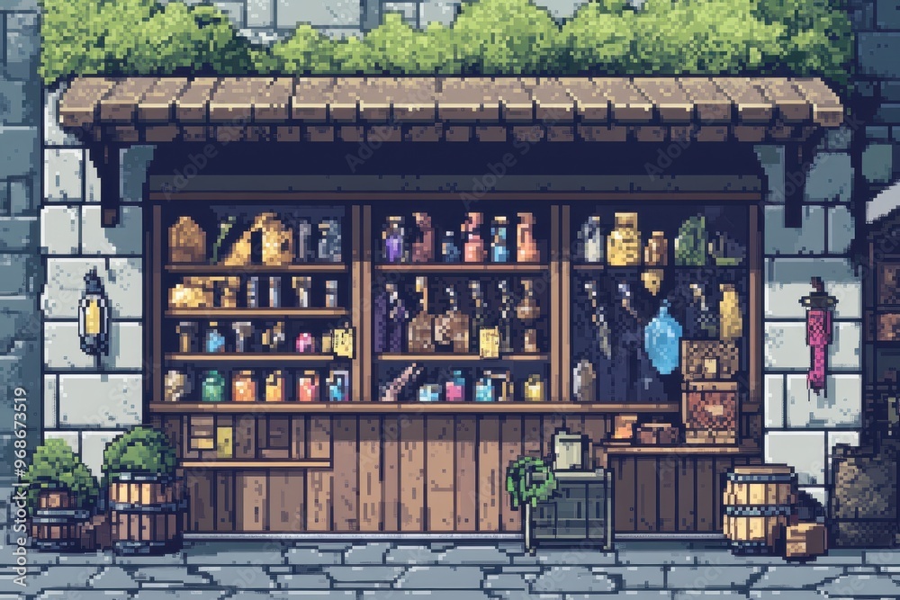 Vintage Pixel RPG Shop Displaying Potions and Weapons in 8-Bit Market ...