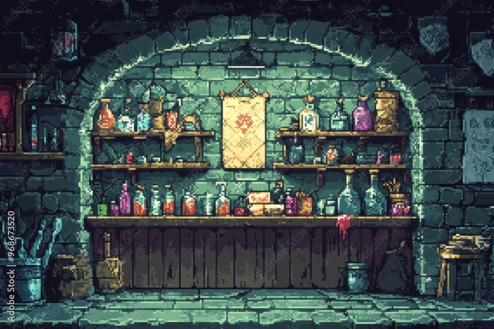 Pixelated Retro RPG Shop Scene with Potions and Weapons in 8-Bit Style ...