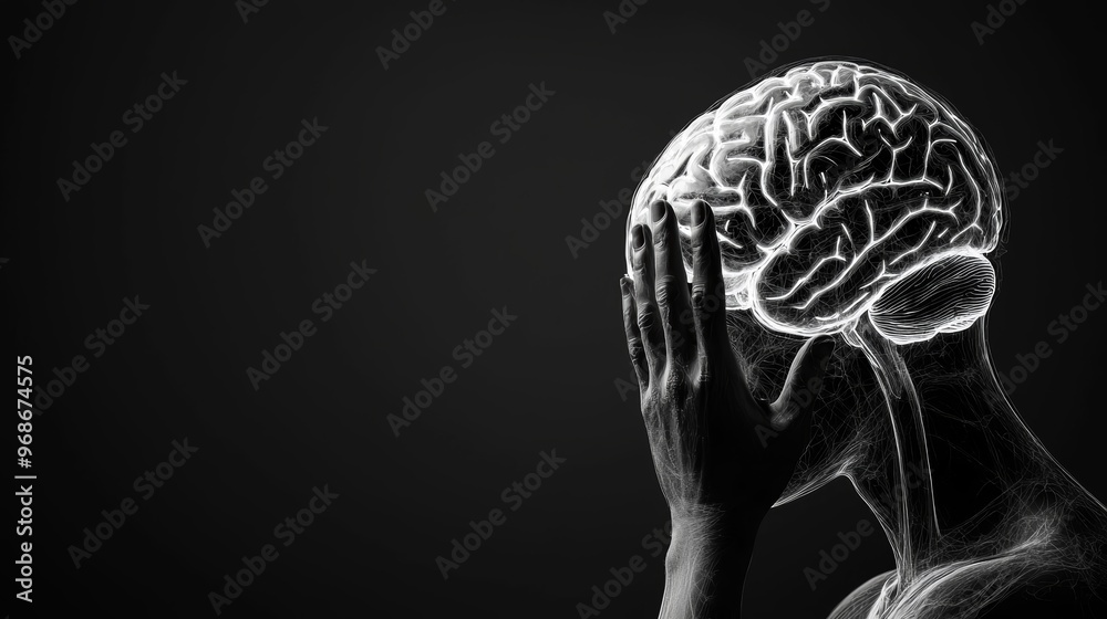 X-ray image of a human head with highlighted brain, hand on forehead ...