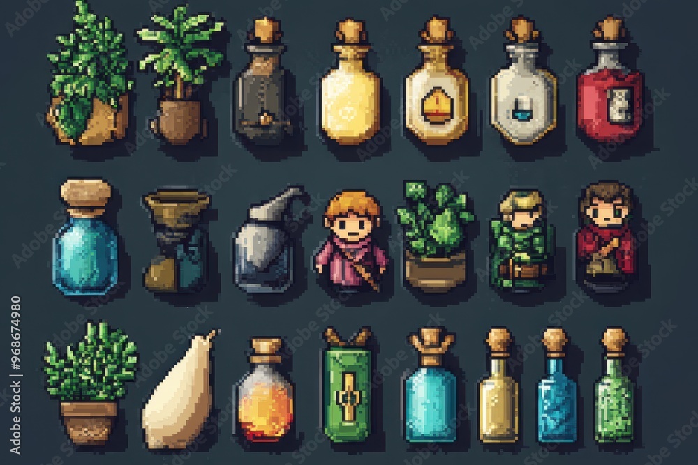 Retro Pixel Art Inventory Screen with Potions and Spells for 8-Bit RPG ...