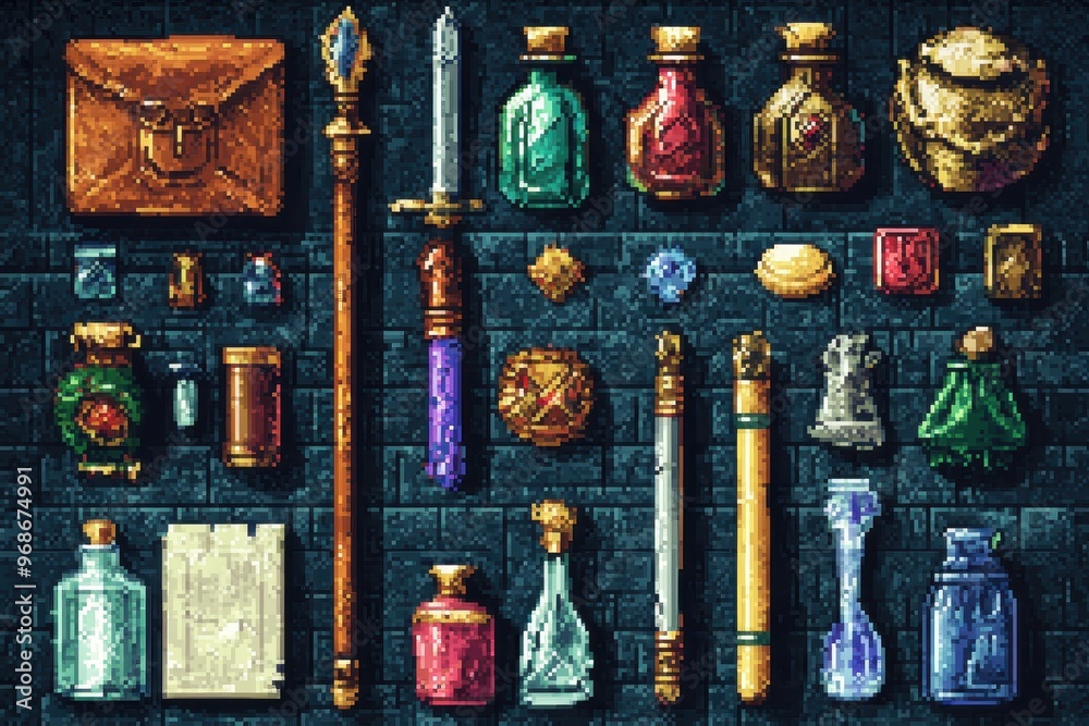 Digital Pixel Inventory Screen Featuring Potions, Spells, and 8-Bit RPG ...