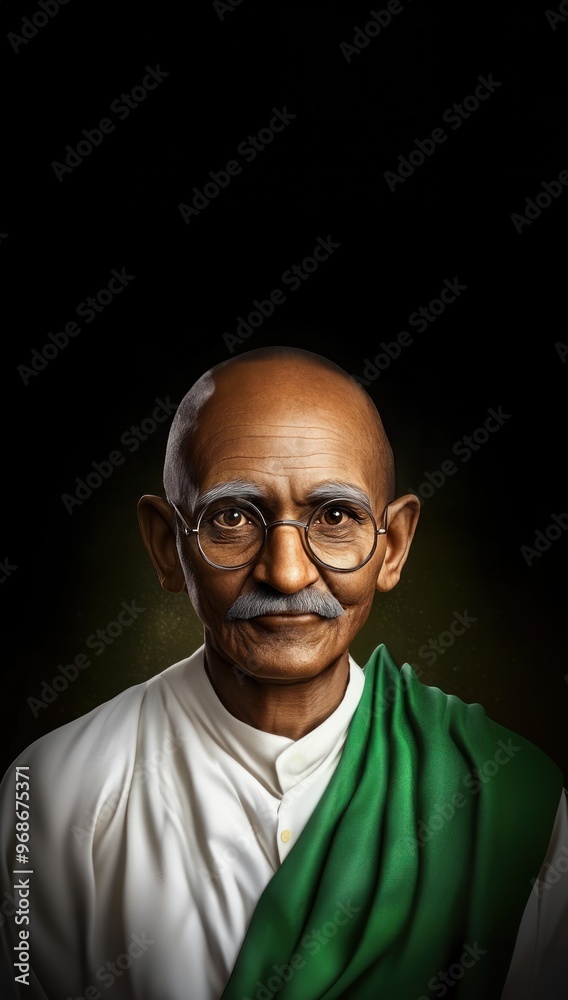 Mahatma Gandhi wearing white and green attire against a dark background ...