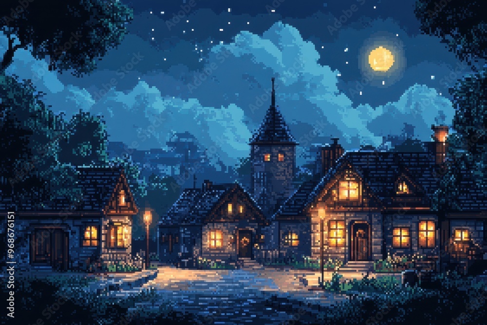 Nostalgic Night in 8-bit Pixel Village - Retro RPG Townscape with ...