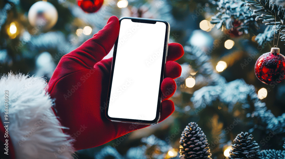 Santa holds a cell phone with a blank screen in his red-gloved hand in ...