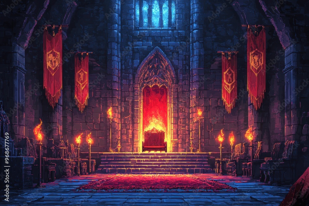 Retro 8-Bit Pixel Royal Throne Room in RPG Castle Interior with Banners ...