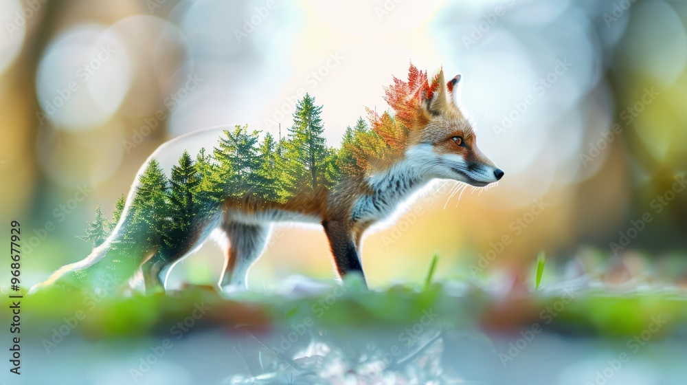 Double exposure of a fox blending with its natural woodland habitat ...