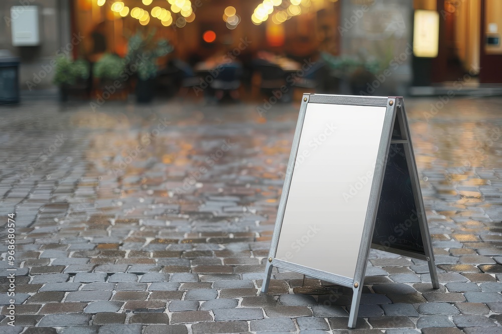 Plain white A-frame sign in a pedestrian area Blank pavement chalkboard ...
