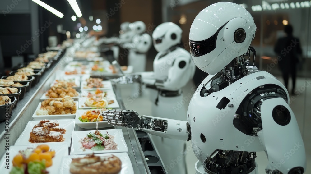 AI-controlled robotic chefs in futuristic fast food kitchens preparing ...