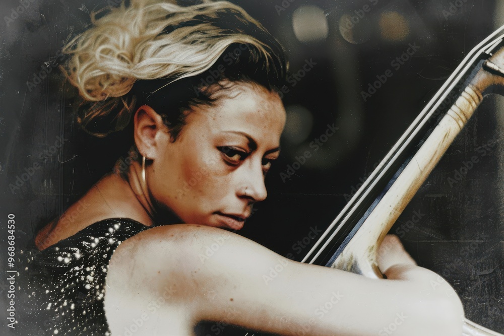 Cool Jazz! Portrait of the female jazz musician. She looks over her ...
