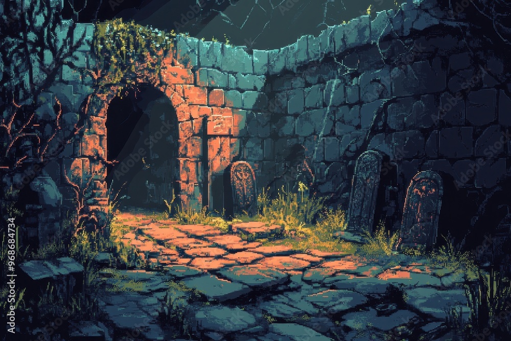 Eerie 16-Bit Pixel Crypt Dungeon with Sarcophagi and Cobweb-Covered ...