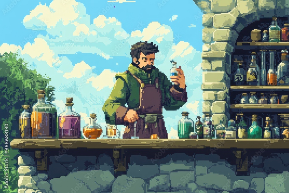 Pixelated Mage Crafting Potions in Retro RPG Lab with 16-Bit Style ...