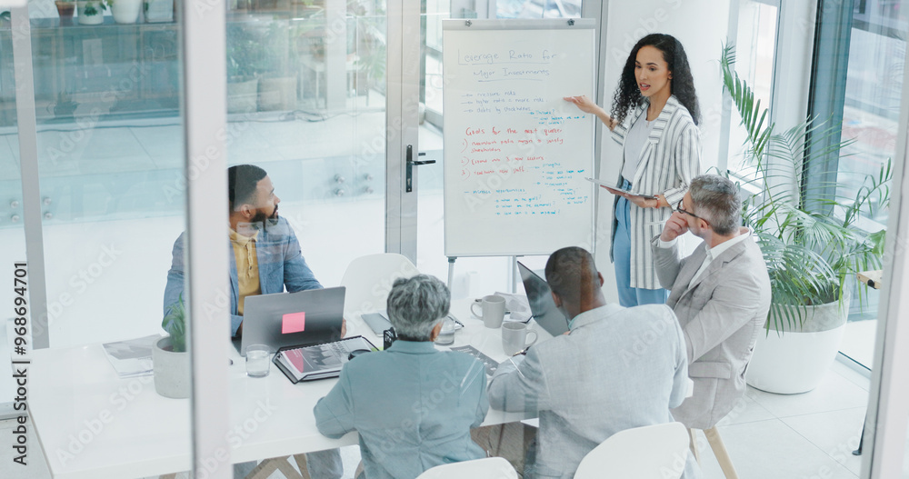 Office, tablet and businesswoman with whiteboard for presentation ...