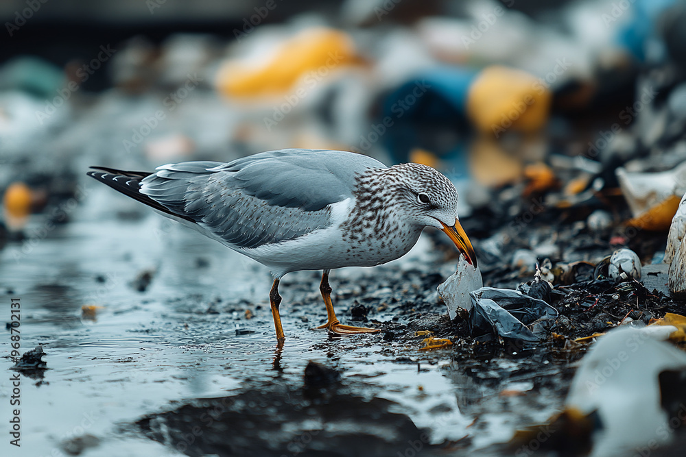 A seagull is seen scavenging through plastic waste and pollution on a ...