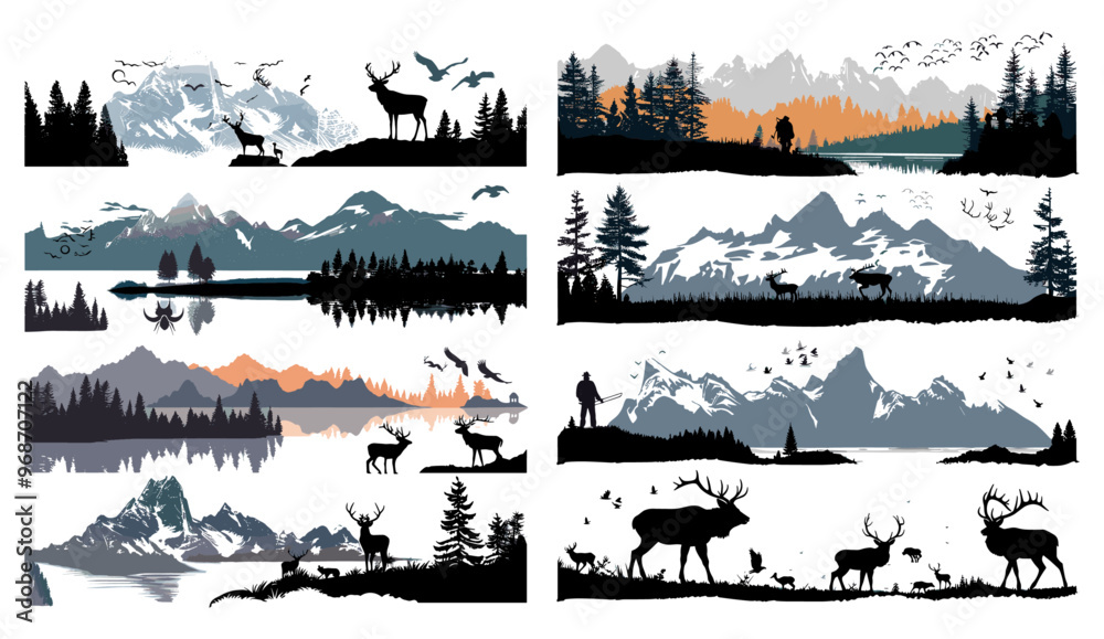 Silhouette of nature landscape. Mountains, forest in background, North ...