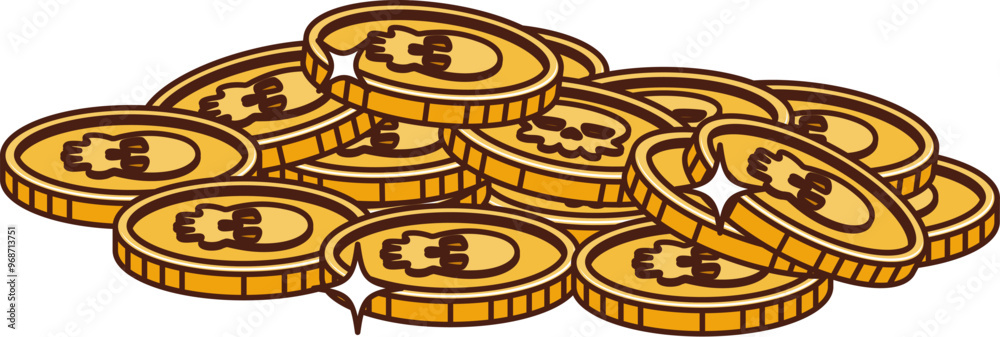 Retro cartoon groovy pirate and corsair golden coins pile. Isolated ...